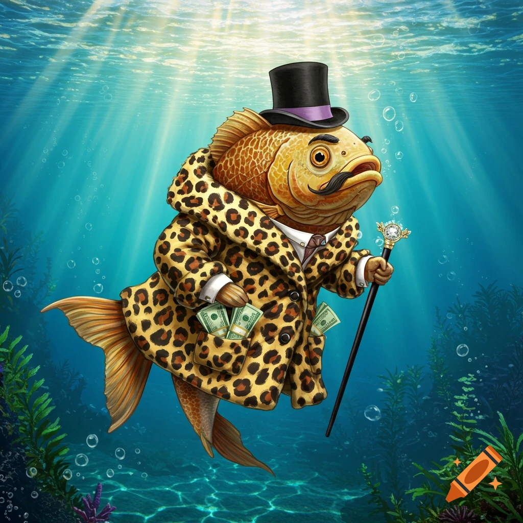 An anthropomorphic goldfish in a top hat, leopard print coat, and ...