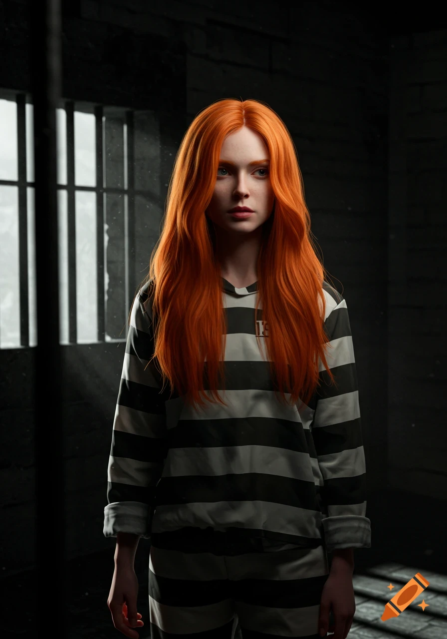 Photorealistic portrait of a woman with long ginger hair in a striped ...