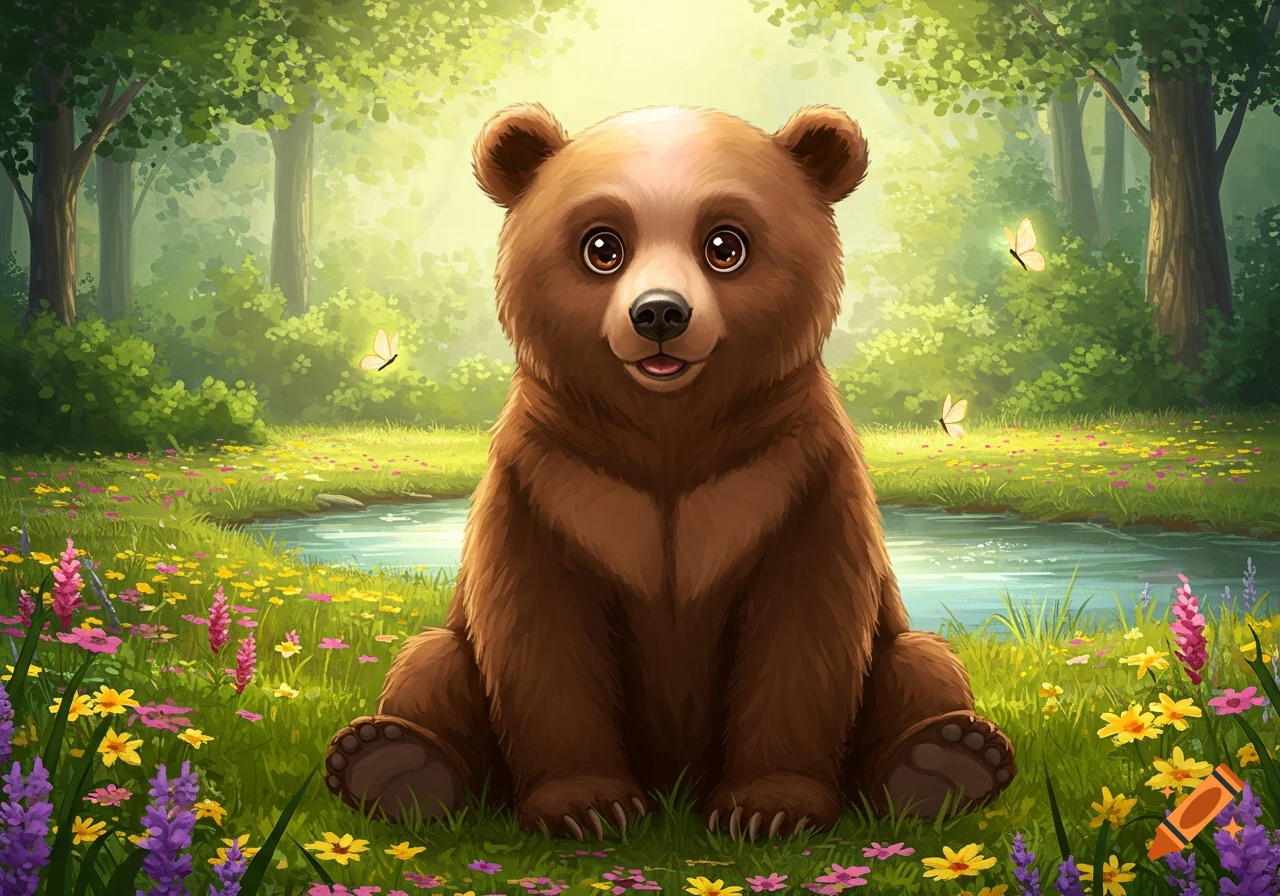 A cute cartoon brown bear sits in a lush green forest with colorful ...