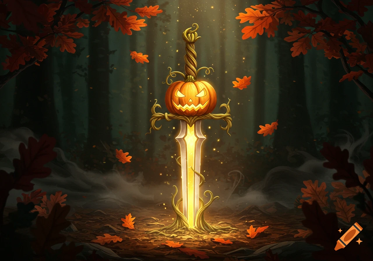A glowing magical sword with a carved jack-o'-lantern hilt stands in a ...