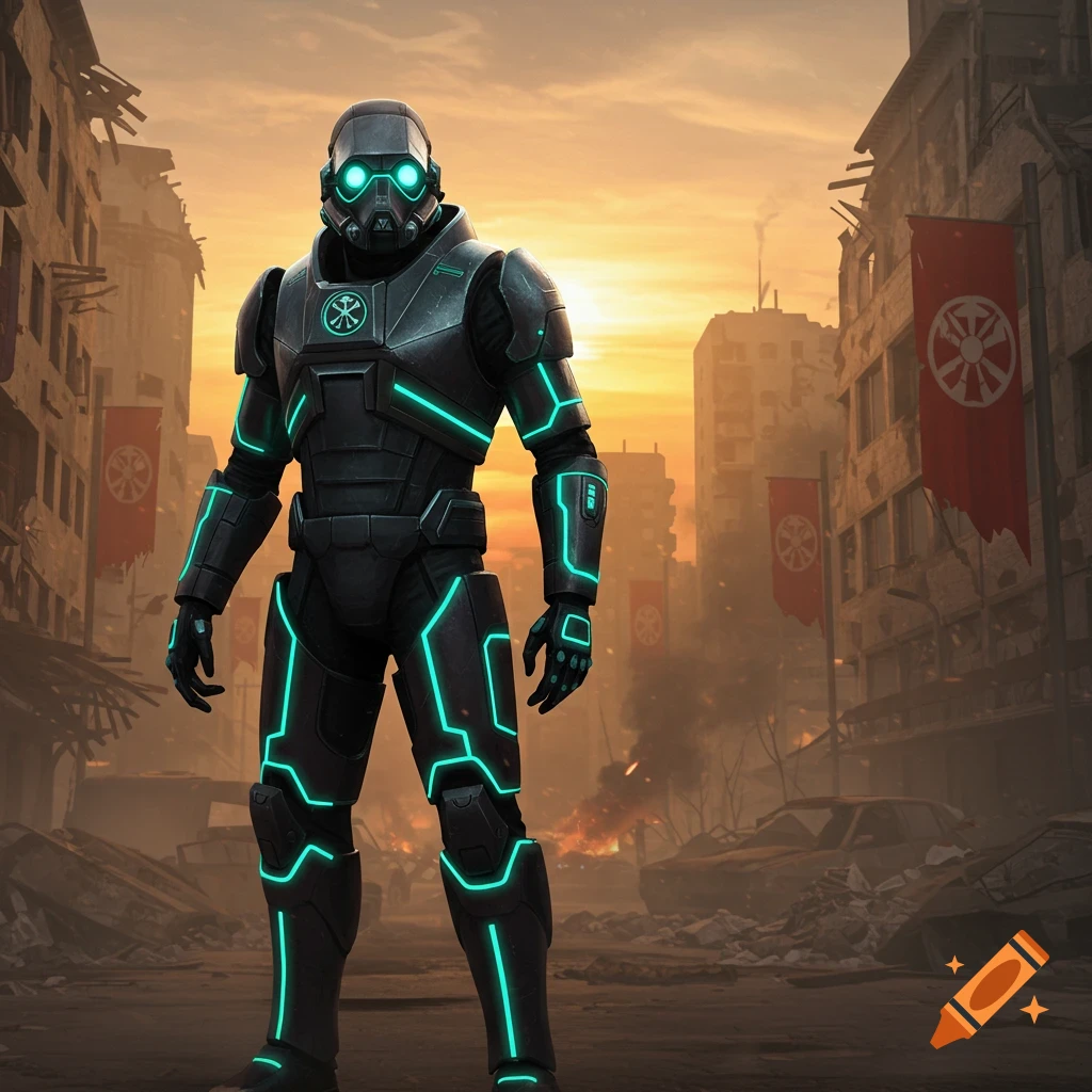 A futuristic Combine soldier in dark armor with glowing teal accents ...