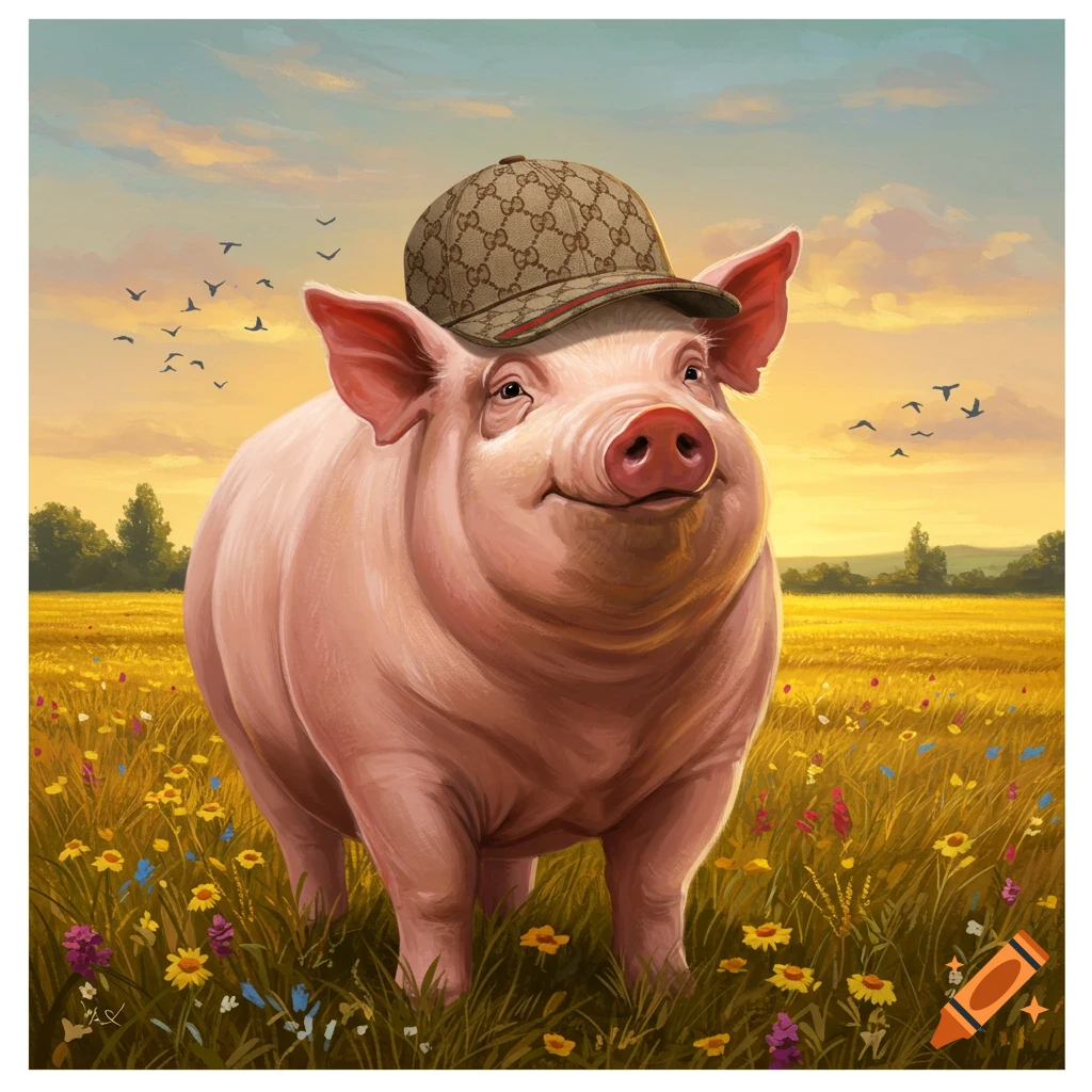 A smiling pink pig wears a Gucci baseball cap in a vibrant field of ...