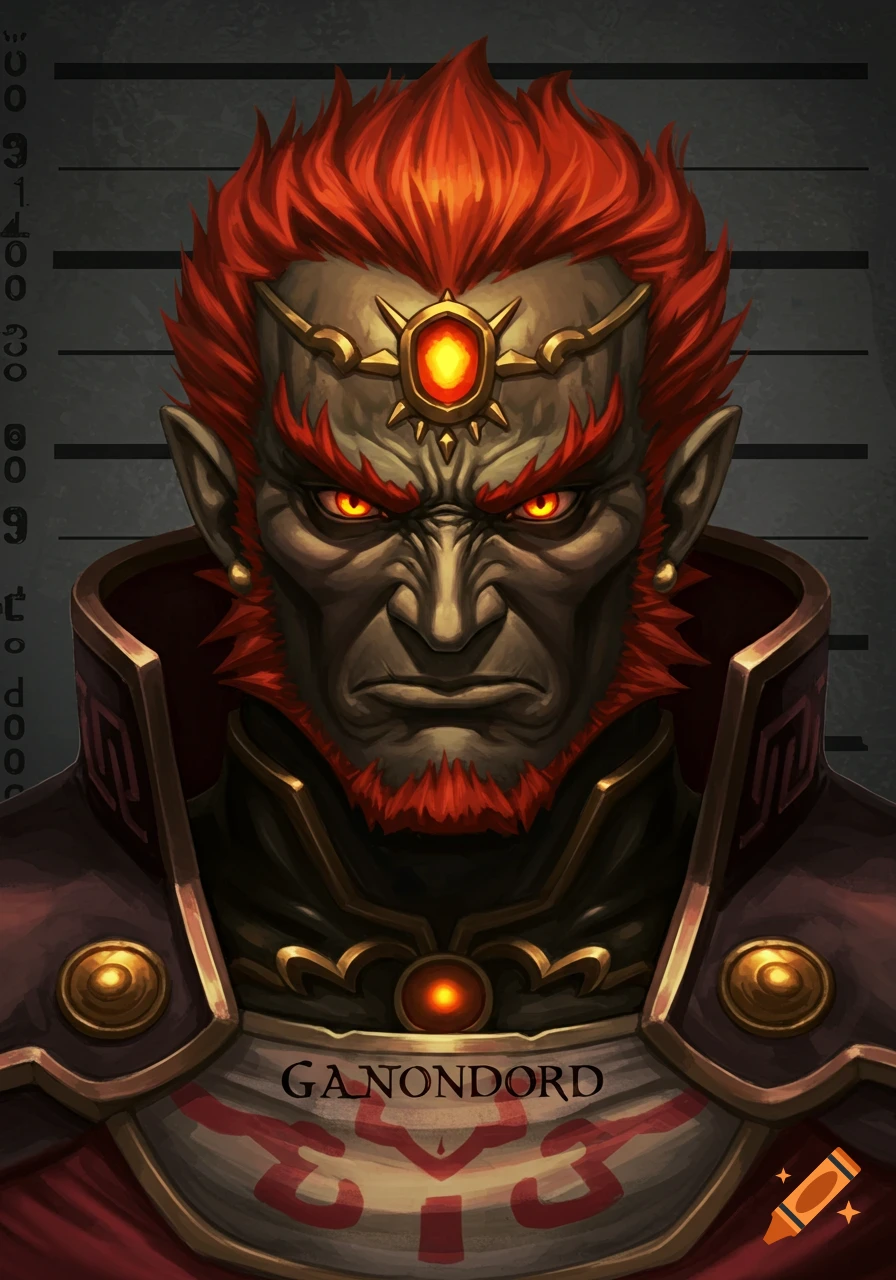 A stylized, detailed mugshot illustration of Ganondorf, a fantasy ...