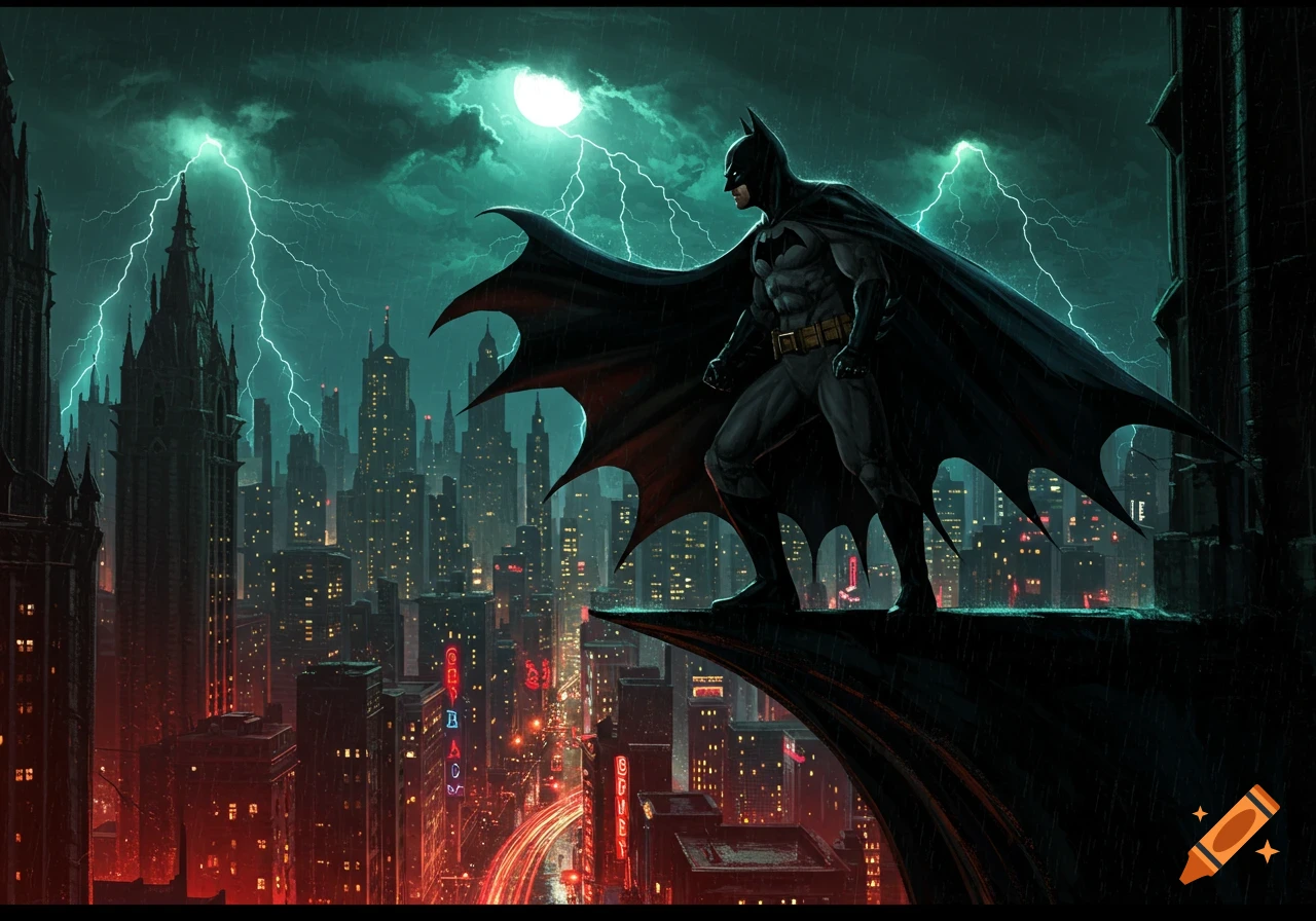 Batman stands atop a Gothic skyscraper overlooking a rainy Gotham City ...