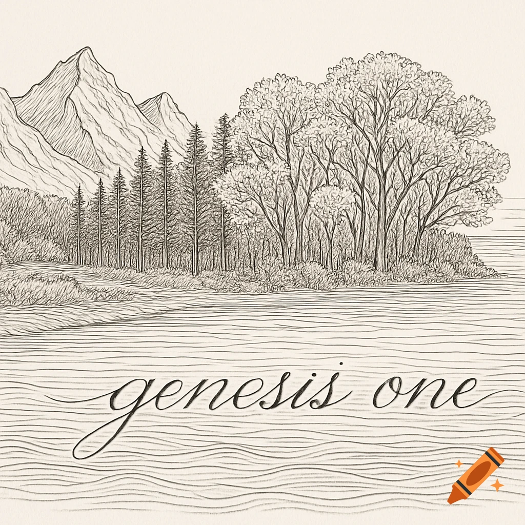 Line art illustration of mountains, a forest, and water, with 'genesis ...