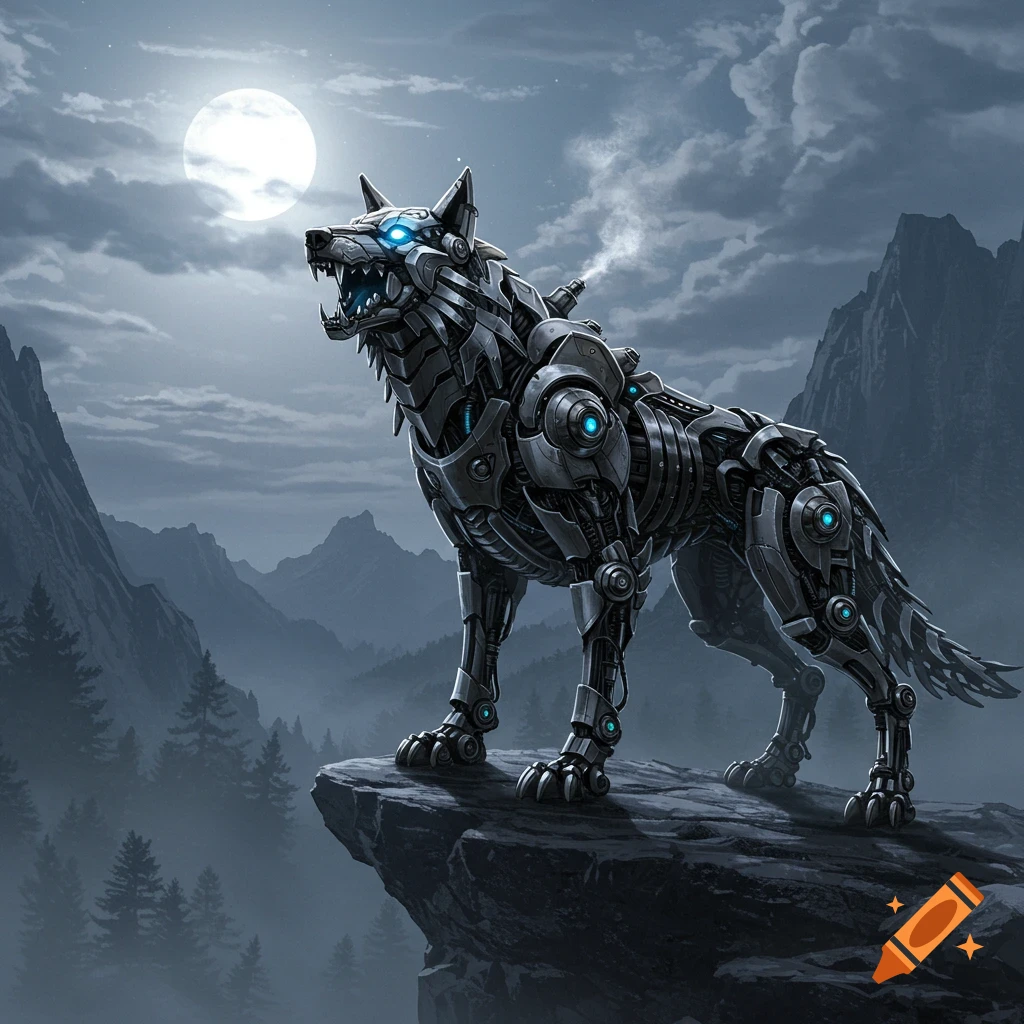 A metallic robotic wolf with glowing blue eyes howls at a full moon ...