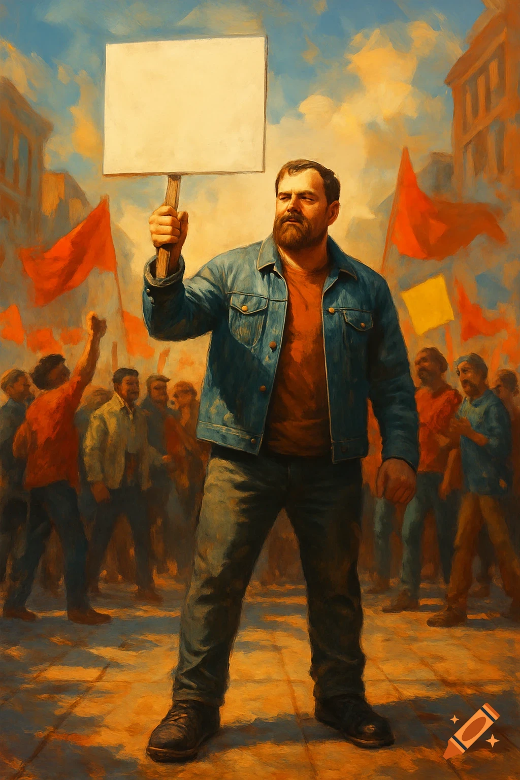 A burly man with a beard, wearing a denim jacket, holds a blank protest ...