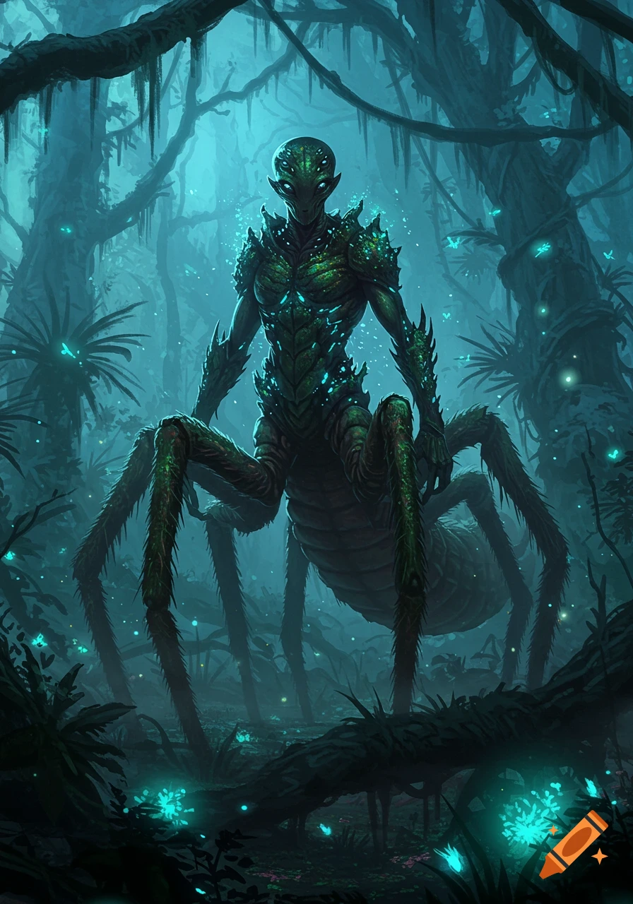 A green, multi-eyed alien creature with a humanoid upper body and a ...
