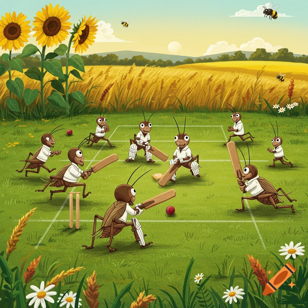 Cartoon crickets playing cricket in a sunny field with sunflowers and ...