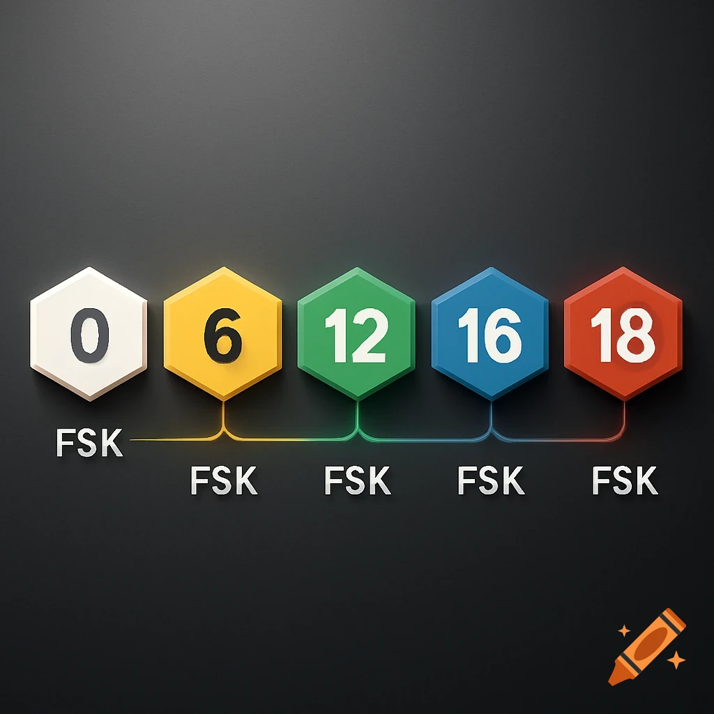 Five hexagonal FSK age rating symbols: 0 (white), 6 (yellow), 12 (green ...