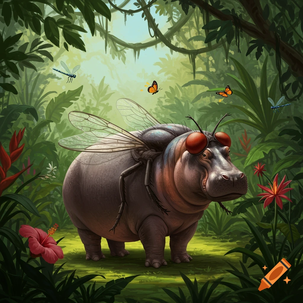 A stylized illustration of a hippo with fly wings and large red fly ...