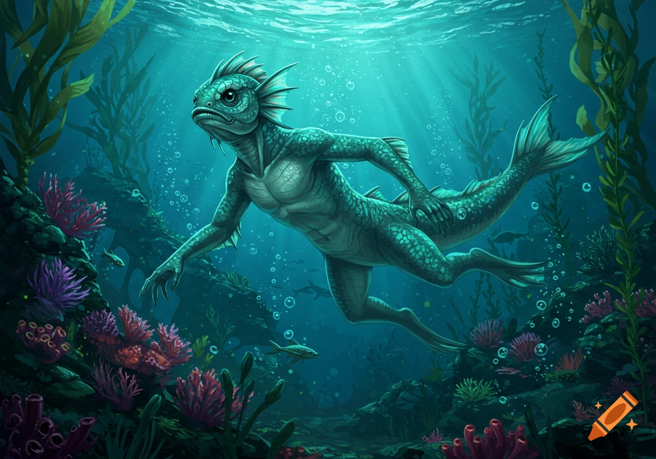 An amphibious, scaly, humanoid creature with a fish-like tail and webbed hands swims through ...