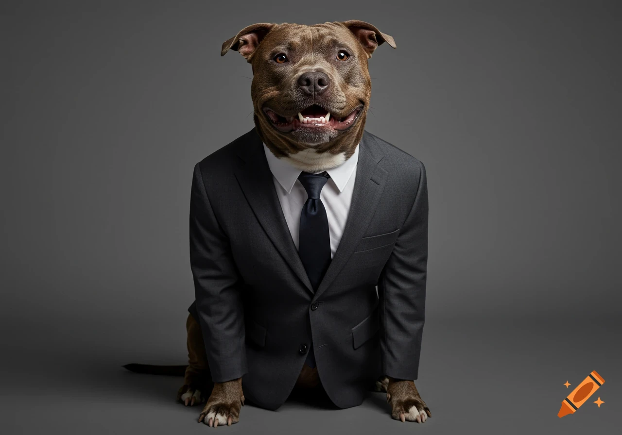 Photorealistic portrait of a smiling pitbull dog wearing a dark grey ...