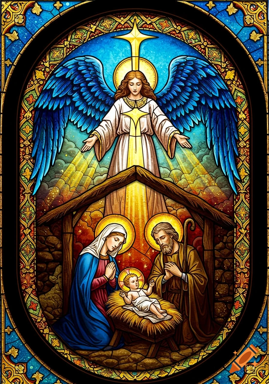 Stained glass nativity scene featuring a winged angel above Mary ...
