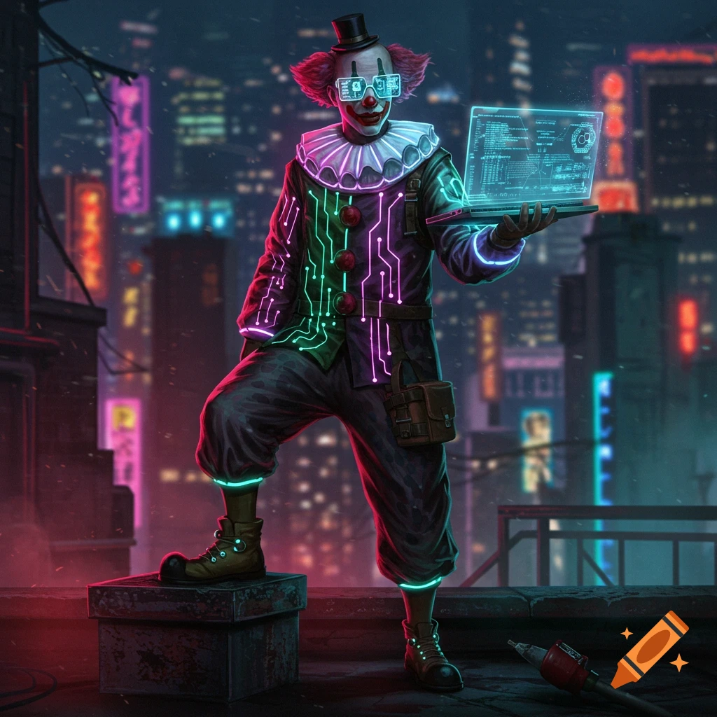 A cyberpunk hacker clown with glowing glasses and circuit-patterned ...