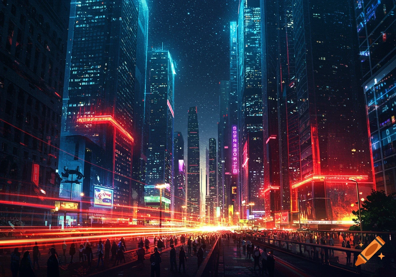 A vibrant cyberpunk city at night with neon lights, tall skyscrapers ...