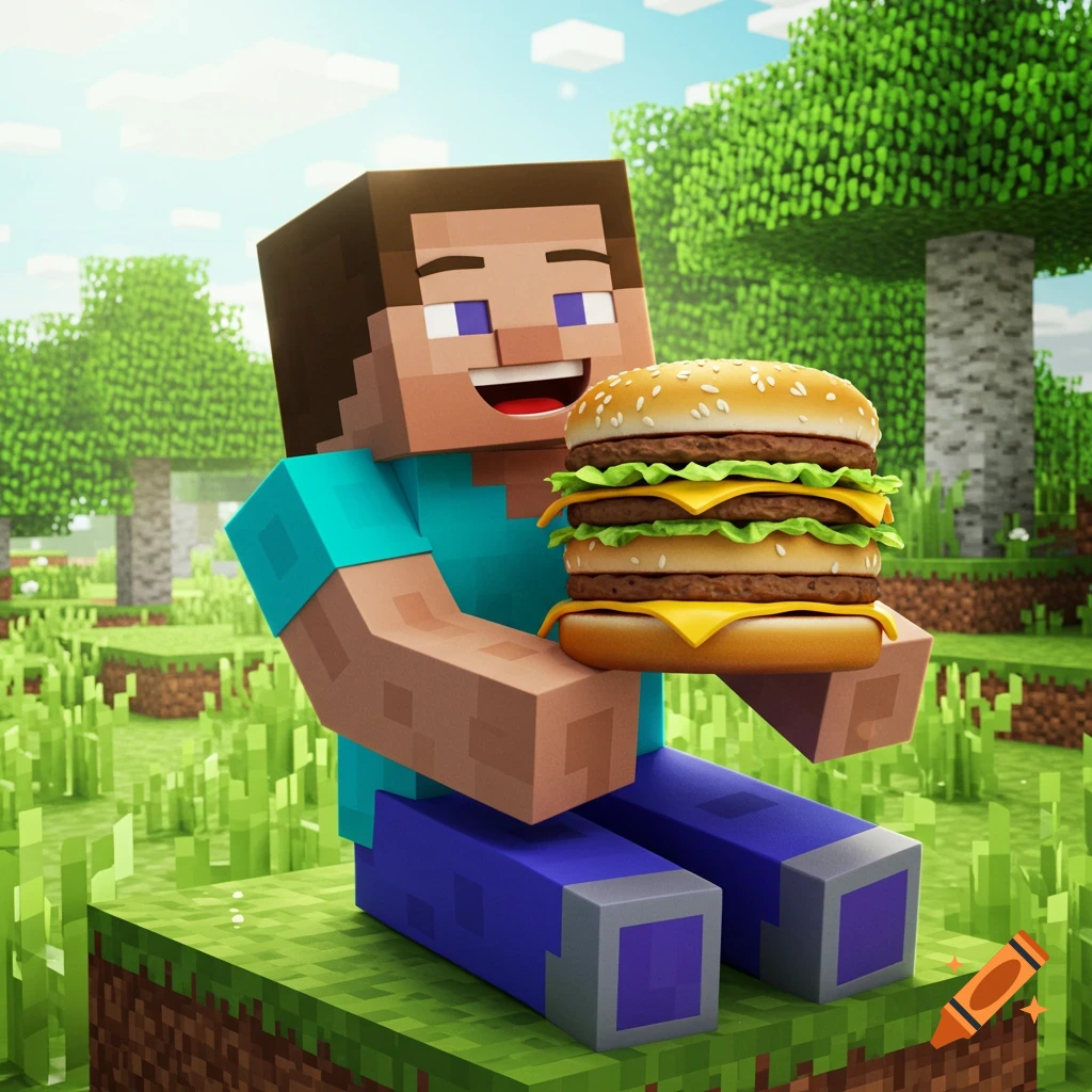 Minecraft Steve, a blocky character, sits in a grassy field, happily ...