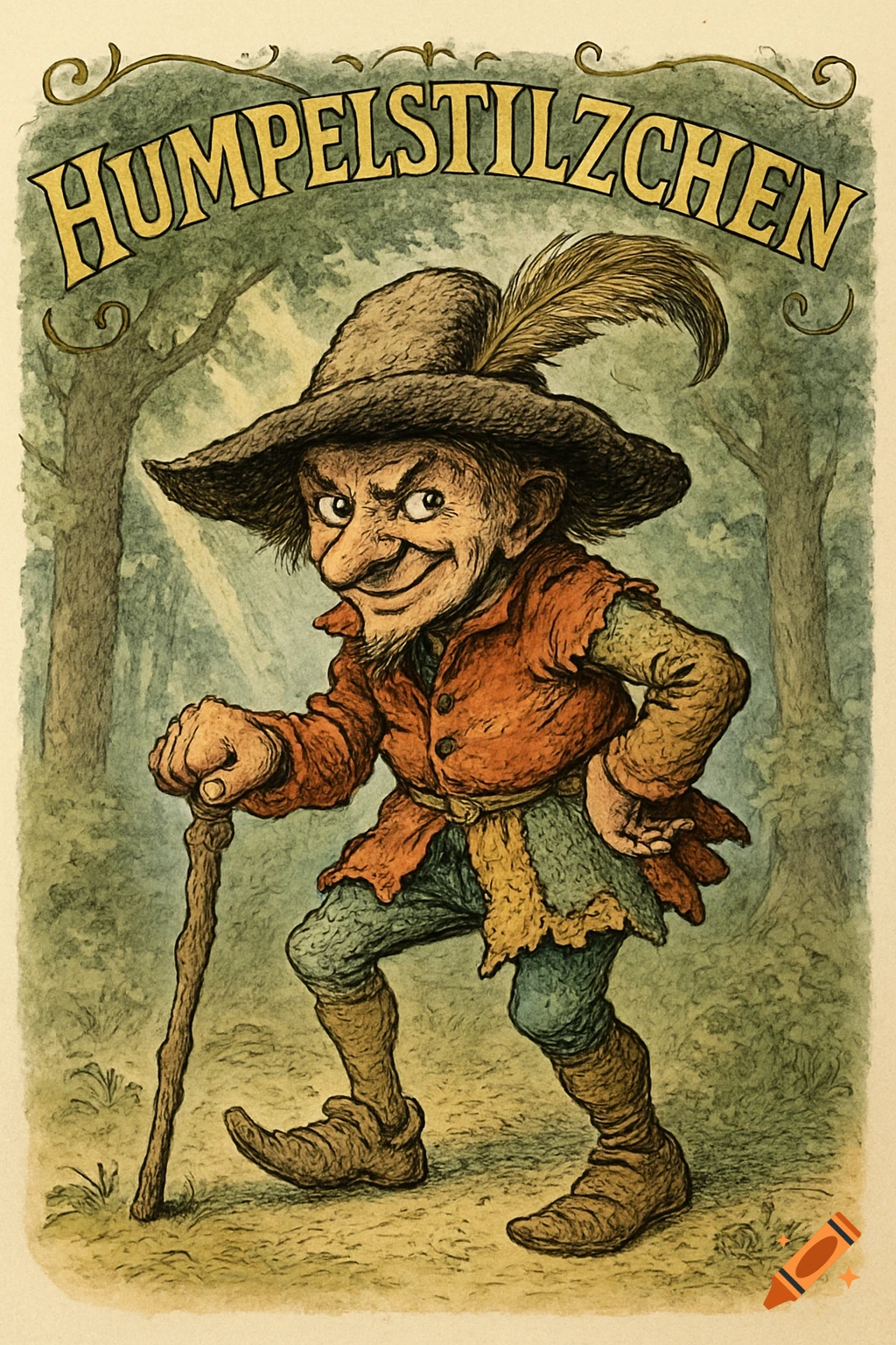 A whimsical illustration of a grumpy, pointy-nosed old man in a ...