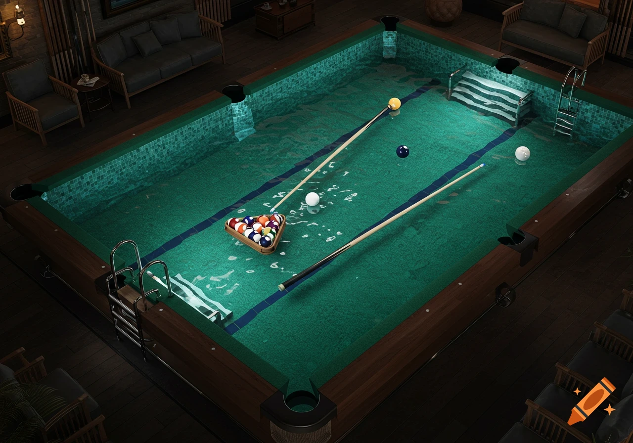 A surreal swimming pool designed like a billiards table, with floating ...