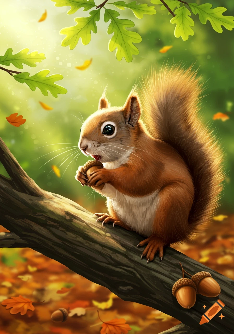 A cute, fluffy squirrel sits on a branch, holding an acorn in a vibrant ...