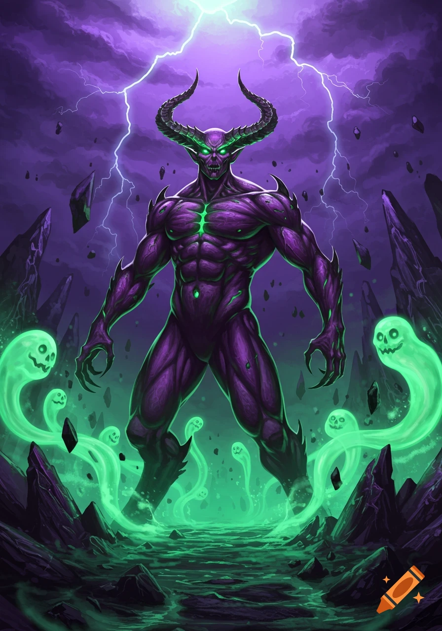 A muscular purple demon with horns and glowing green eyes stands amidst ...