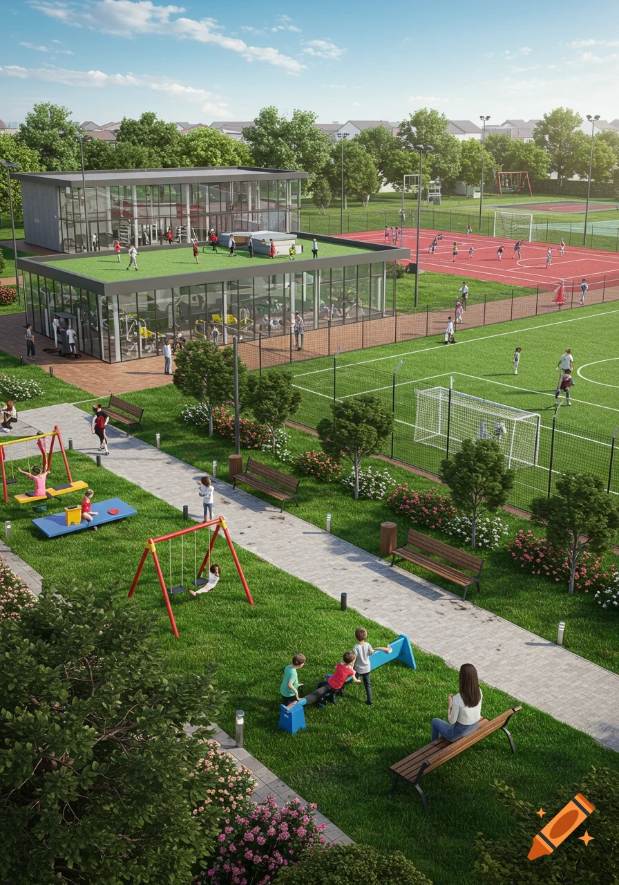 A modern outdoor sports complex with a glass gym, soccer fields, and ...