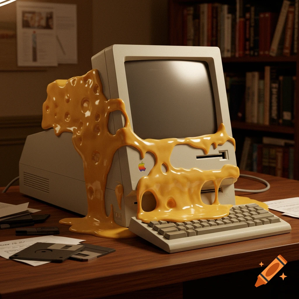 A vintage Macintosh computer on a wooden desk is covered in copious ...