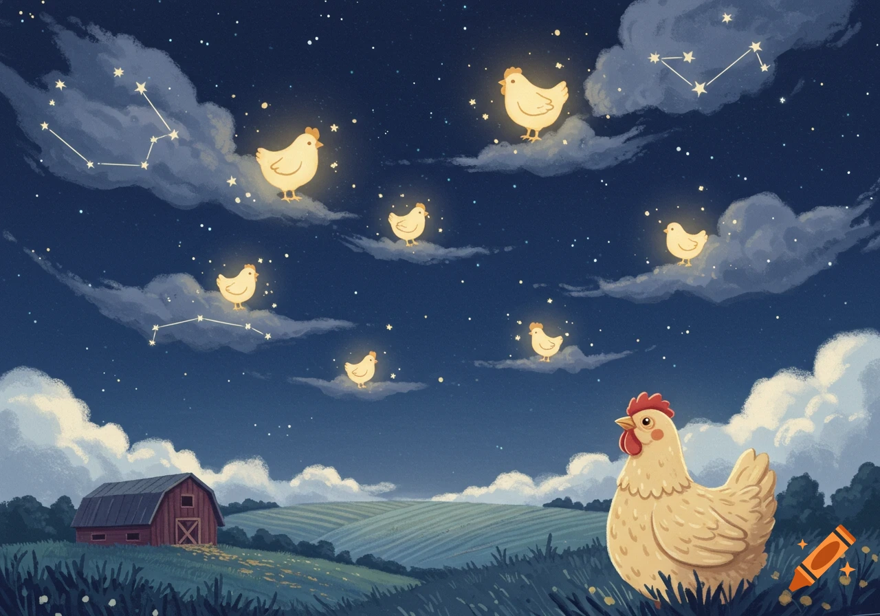 An illustrated chicken stands in a grassy field at night, looking up at ...
