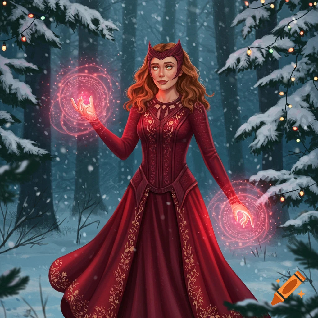 Wanda Maximoff in a red dress and tiara, casting magic in a snowy ...