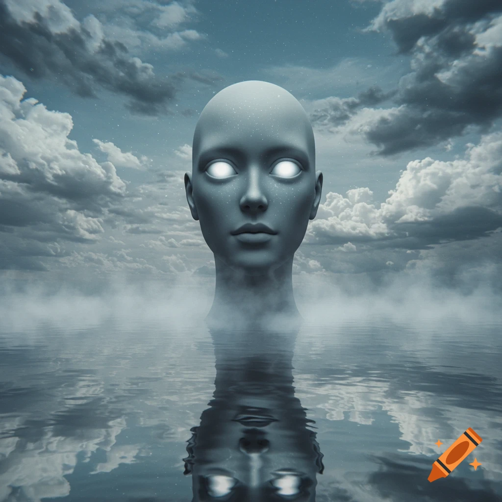 Bald, pale human head with glowing white eyes emerging from misty water ...