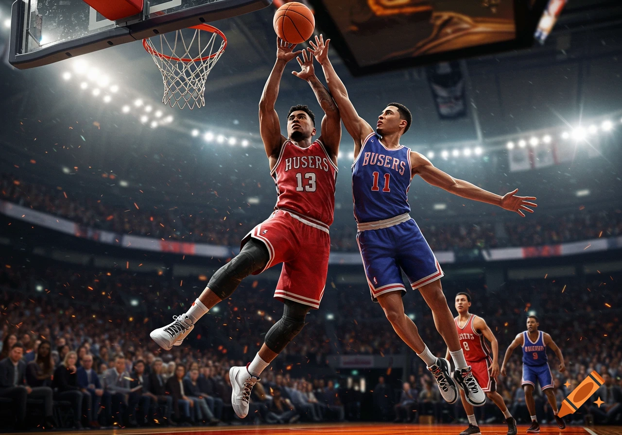 Two male basketball players jump to block a shot during an intense game ...