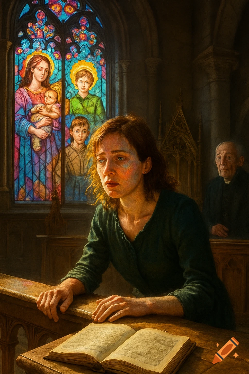 A red-haired woman with a distressed expression prays in a church ...