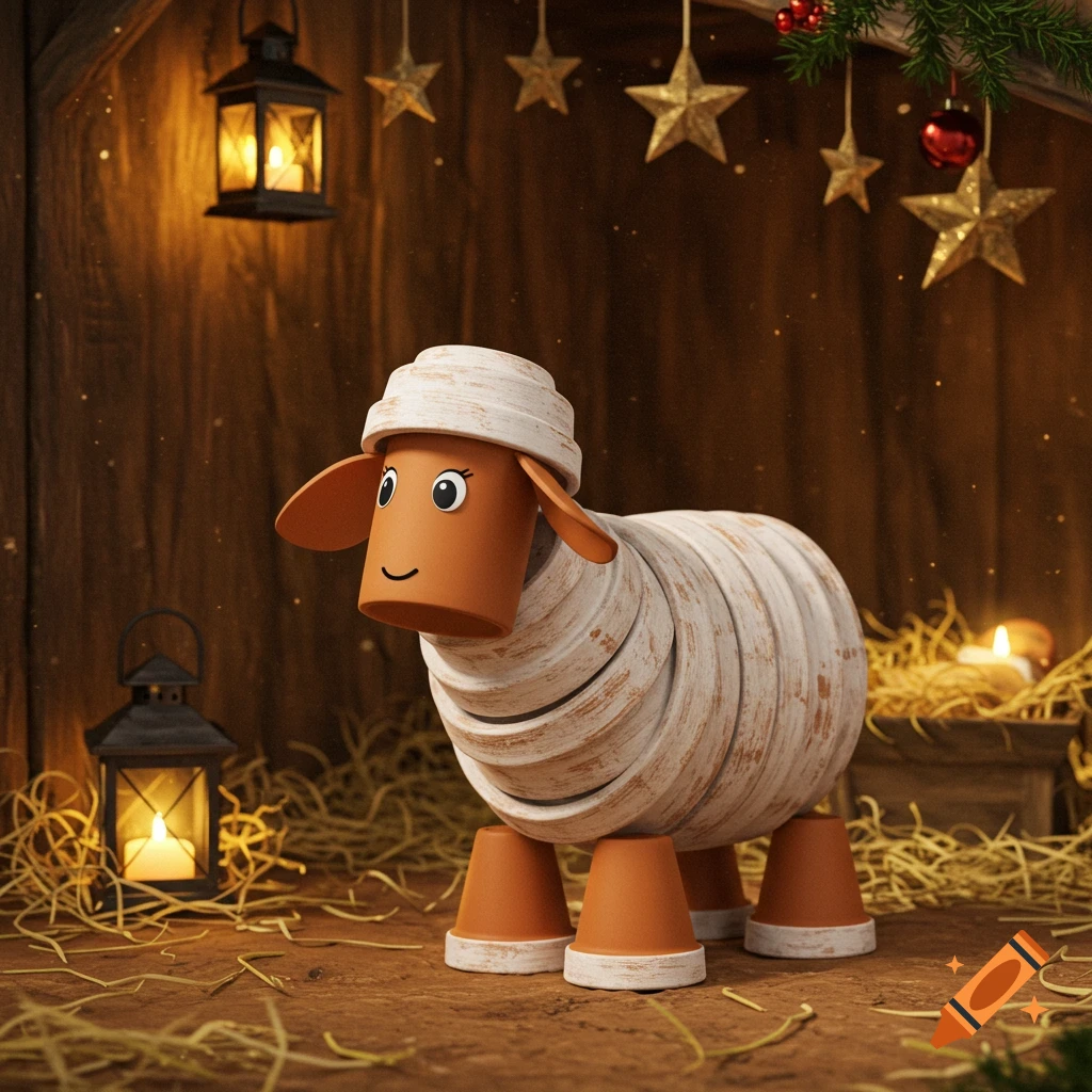 A whimsical sheep figure crafted from terracotta pots sits in a festive ...