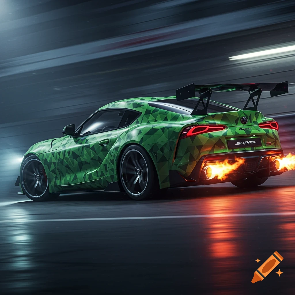 A green triangle-wrapped Toyota Supra GR with a large spoiler, shooting ...