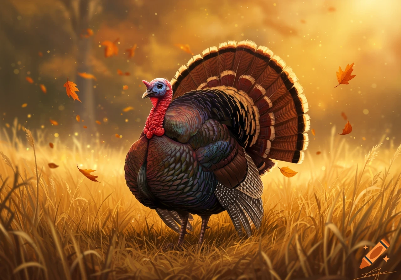 A vibrant turkey stands in a sunlit golden field with falling autumn ...