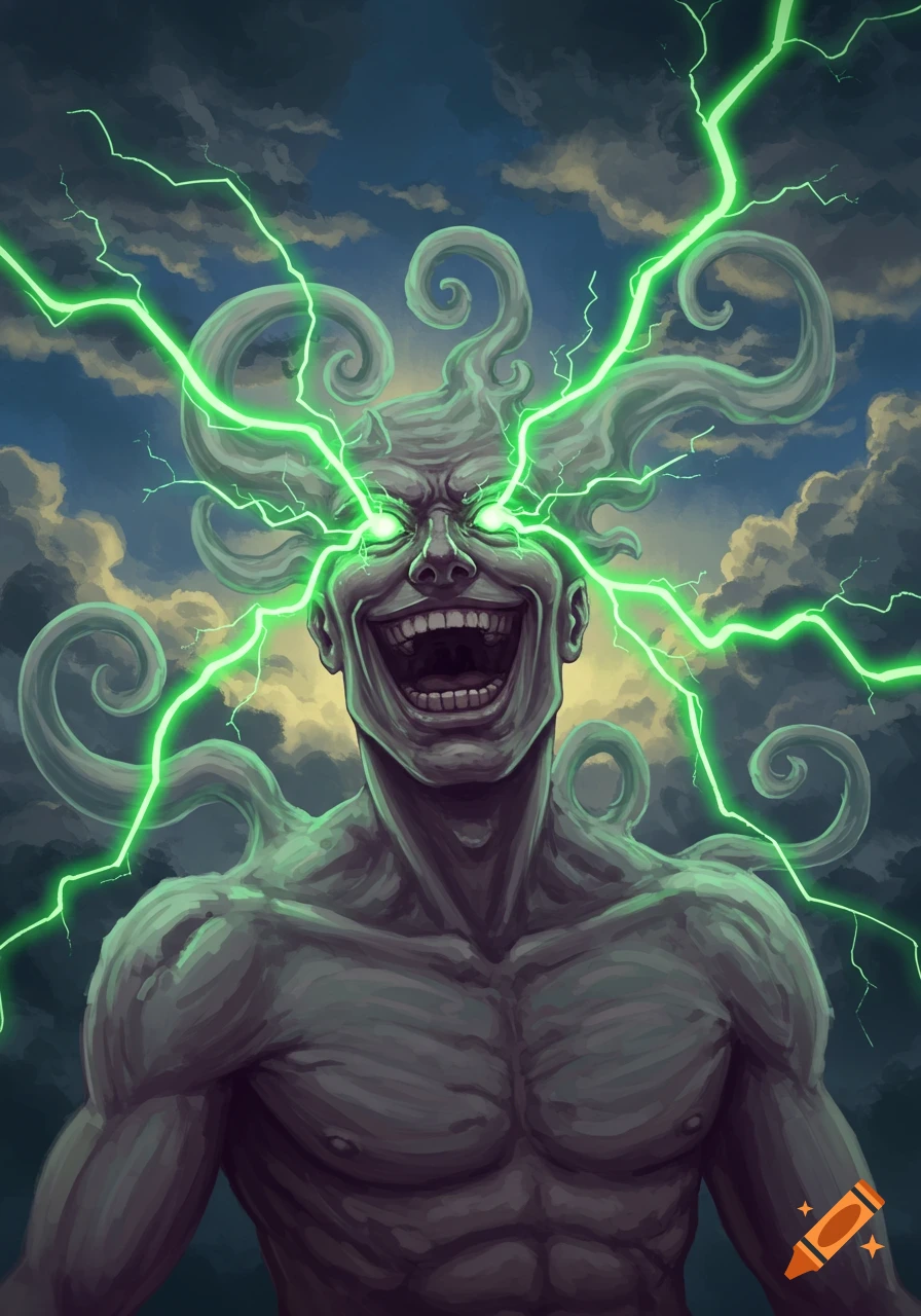 A grotesque, muscular figure with a wide, manic grin and glowing green ...