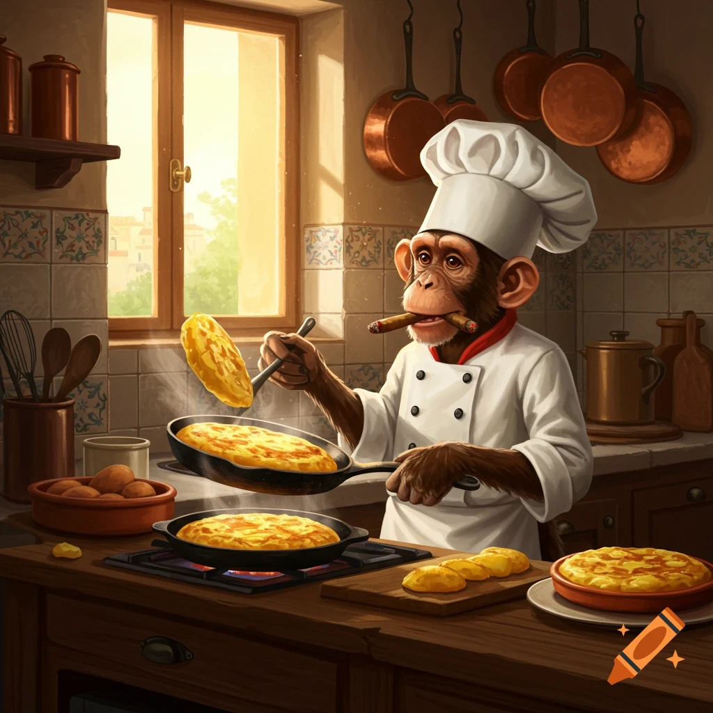A monkey chef in a white toque and coat, smoking a cigar, flipping a ...