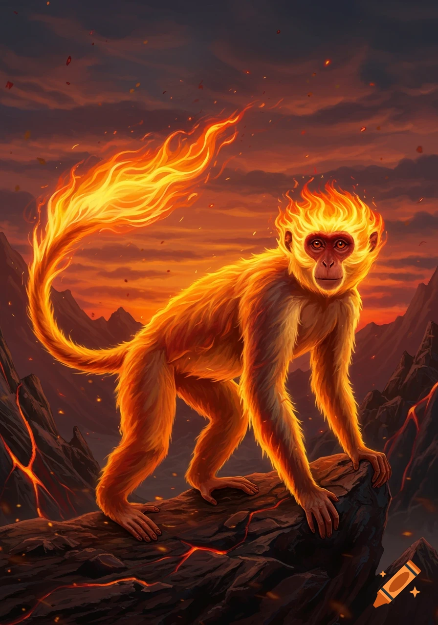 A stylized fire monkey with flames on its body, head, and tail stands ...