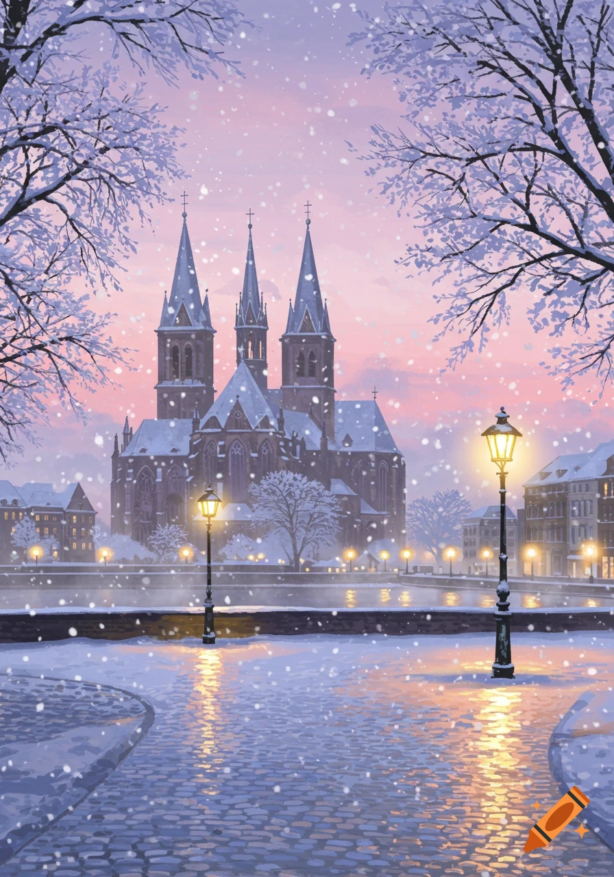 A snowy winter city scene at dusk, with a grand church, lamp-lit ...
