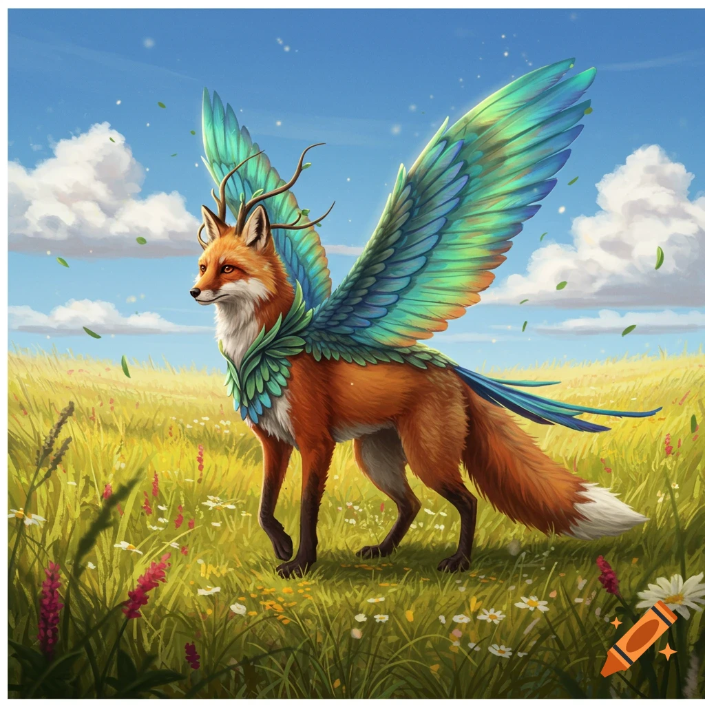 A whimsical winged fox-like creature with small antlers and vibrant ...