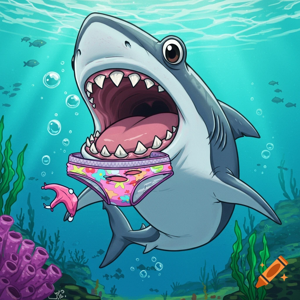 A cartoon shark underwater with its mouth open, holding ripped, floral ...