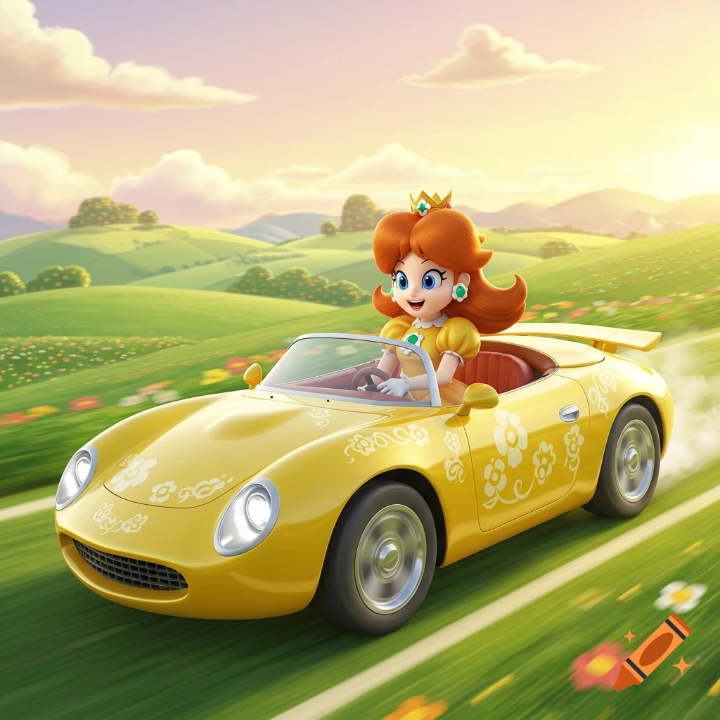 Princess Daisy drives a yellow convertible car through a vibrant green ...