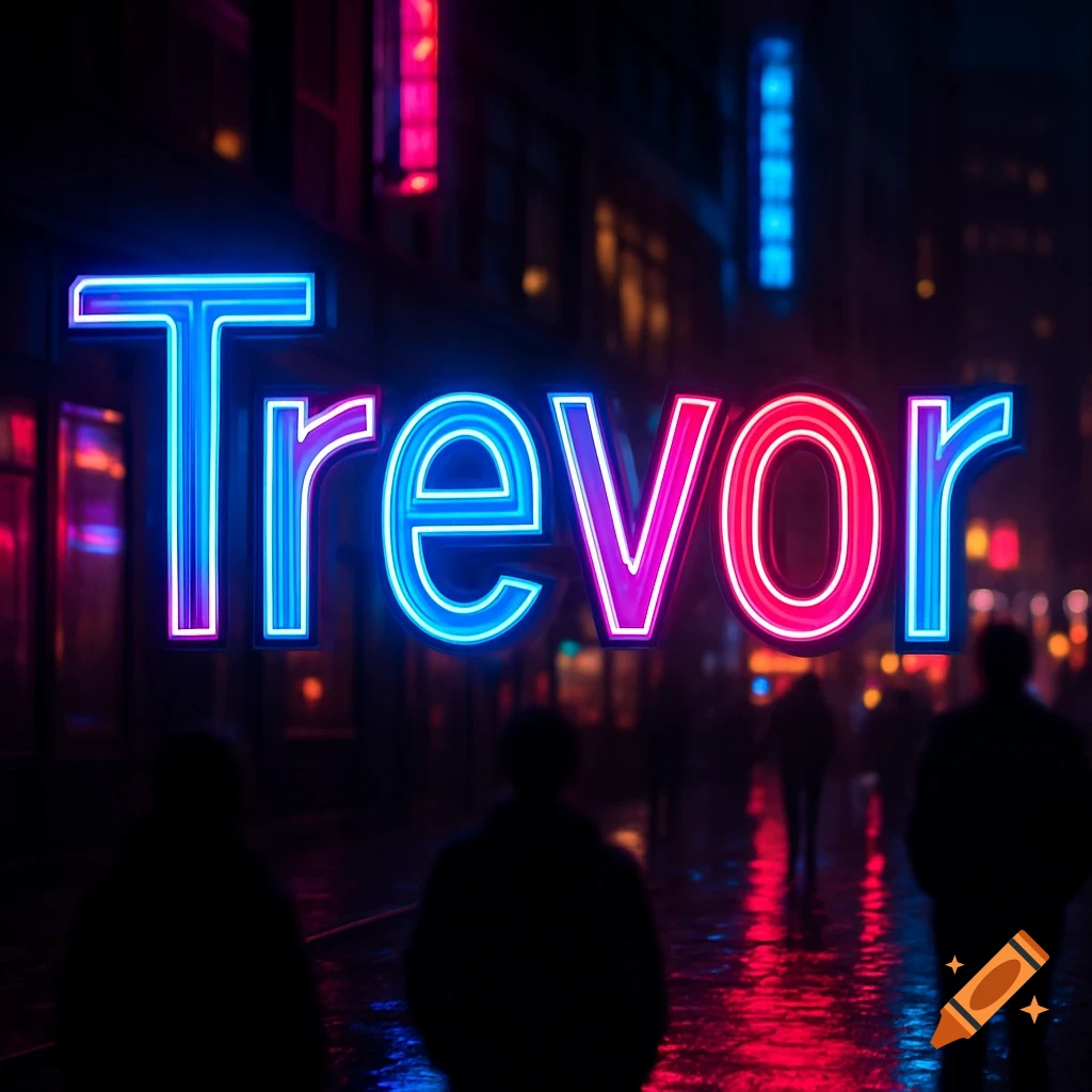 Neon sign spelling 'Trevor' on a dark, rainy city street at night with ...