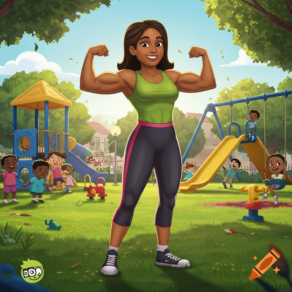 A cartoon of a strong woman flexing her muscles in a sunny playground ...