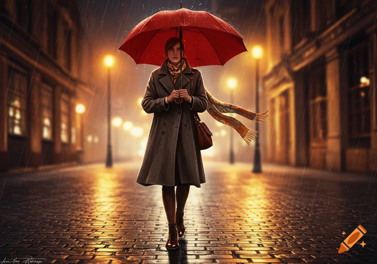 A woman in a coat and scarf walks on a cobblestone street in the rain ...