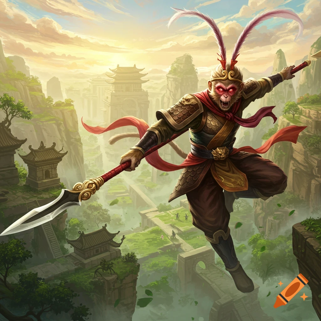 Sun Wukong, the Monkey King, leaps mid-air with a spear, over ancient ...