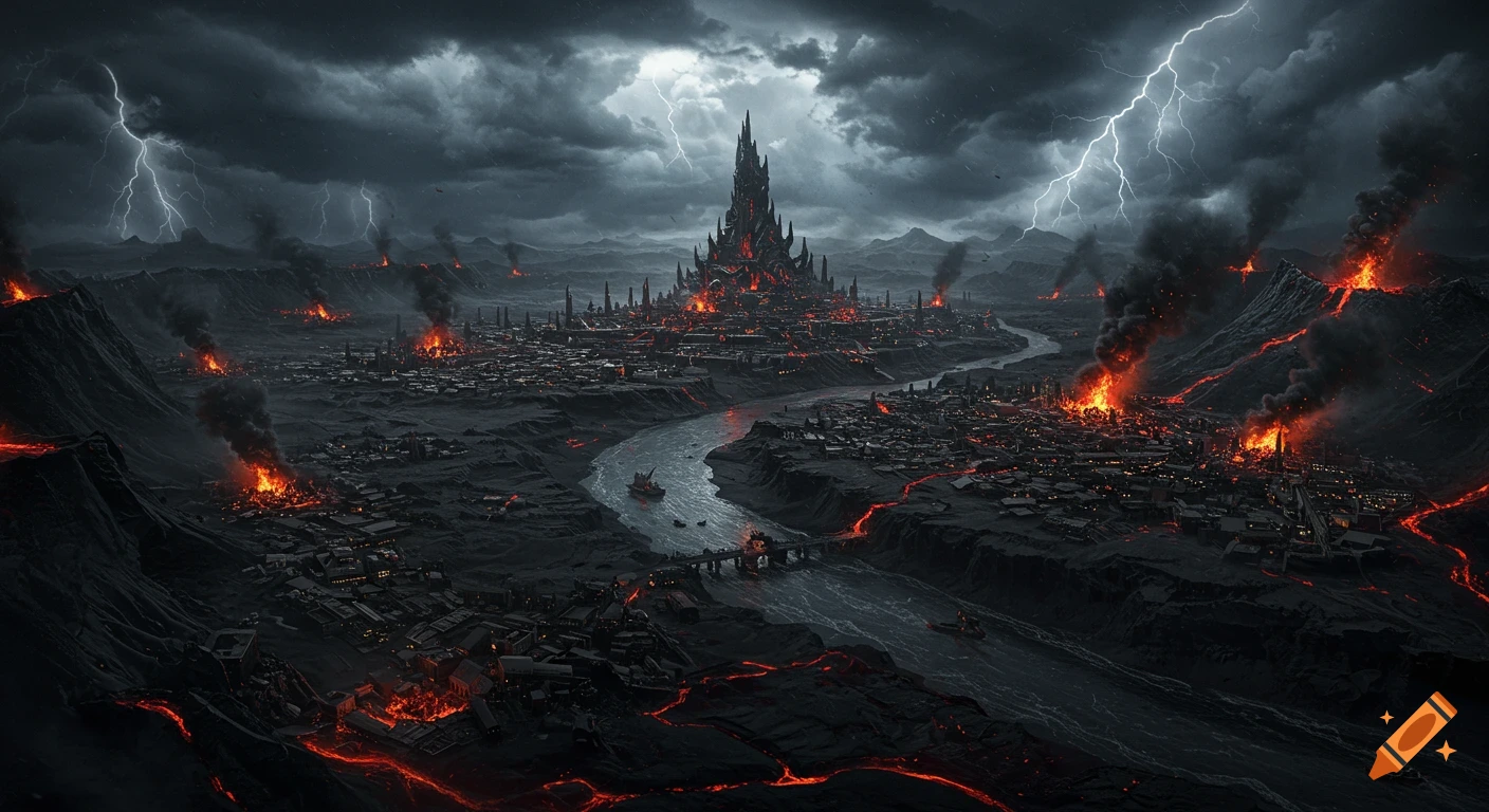 An epic dark fantasy landscape showing a sprawling city on volcanic ...