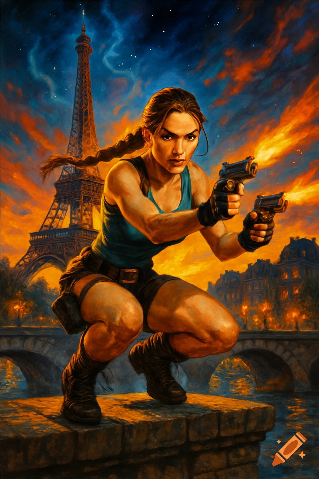Poster painting of Lara Croft crouching, holding two guns with muzzle ...