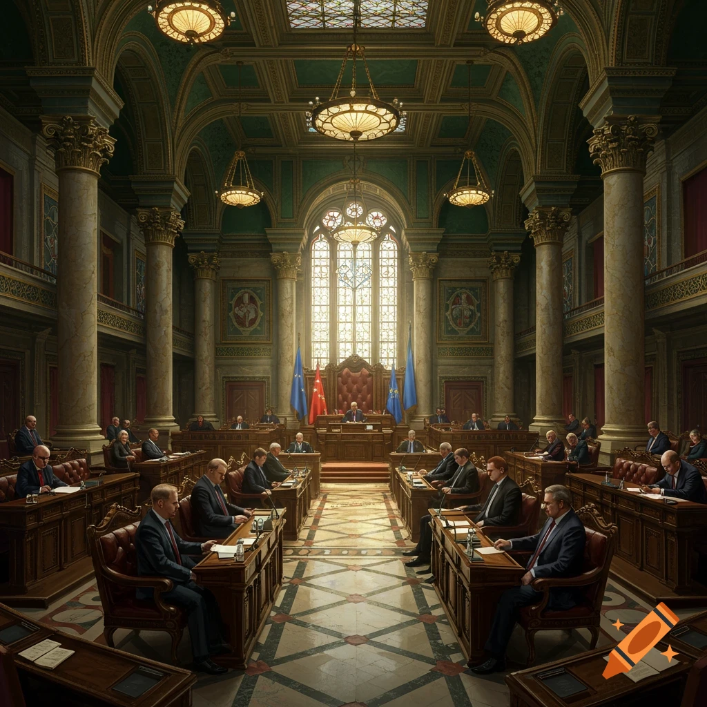 A grand, ornate parliament hall filled with deputies seated at wooden ...