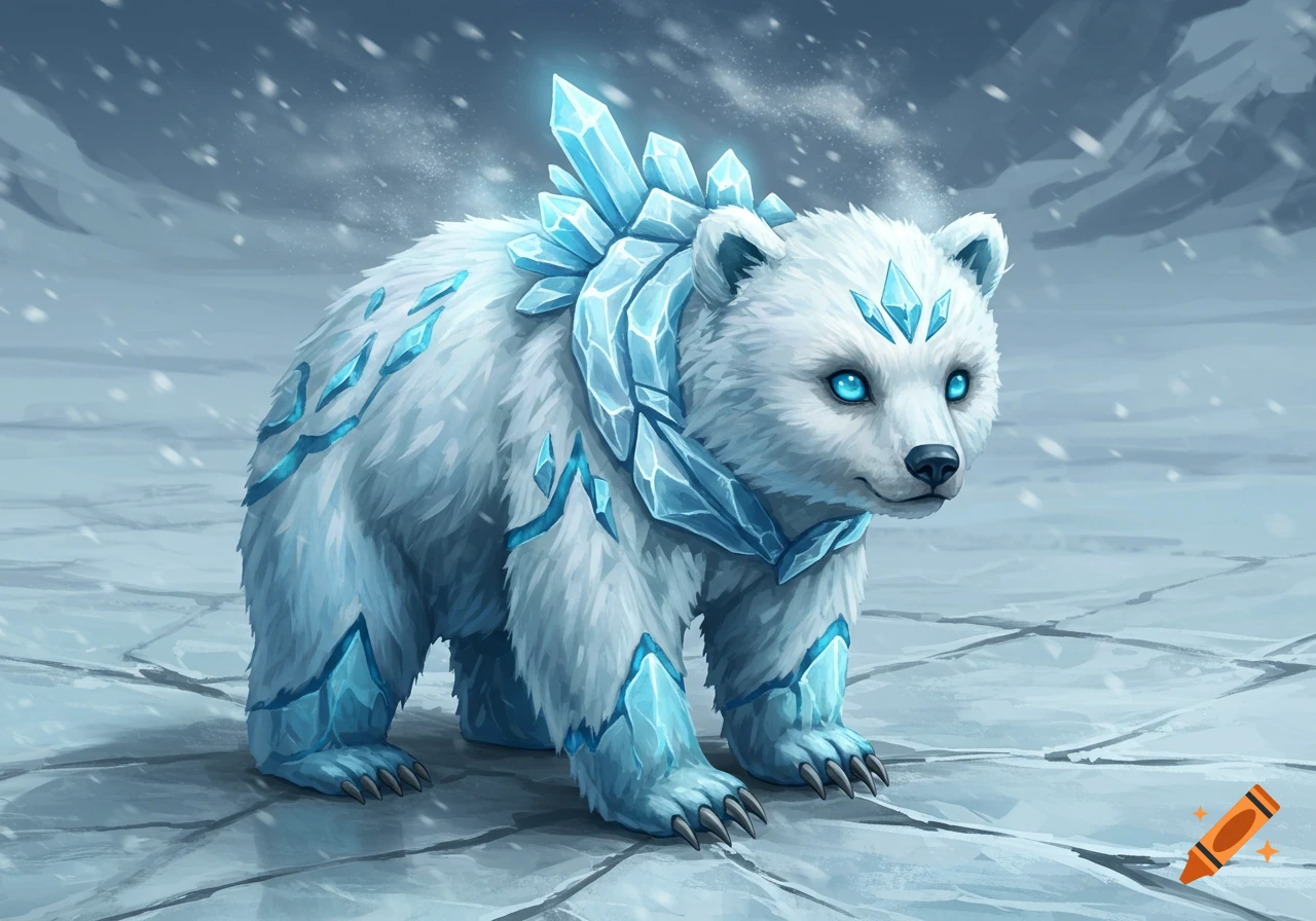 A cute, semi-realistic fantasy glacier bear cub with ice crystal armor ...